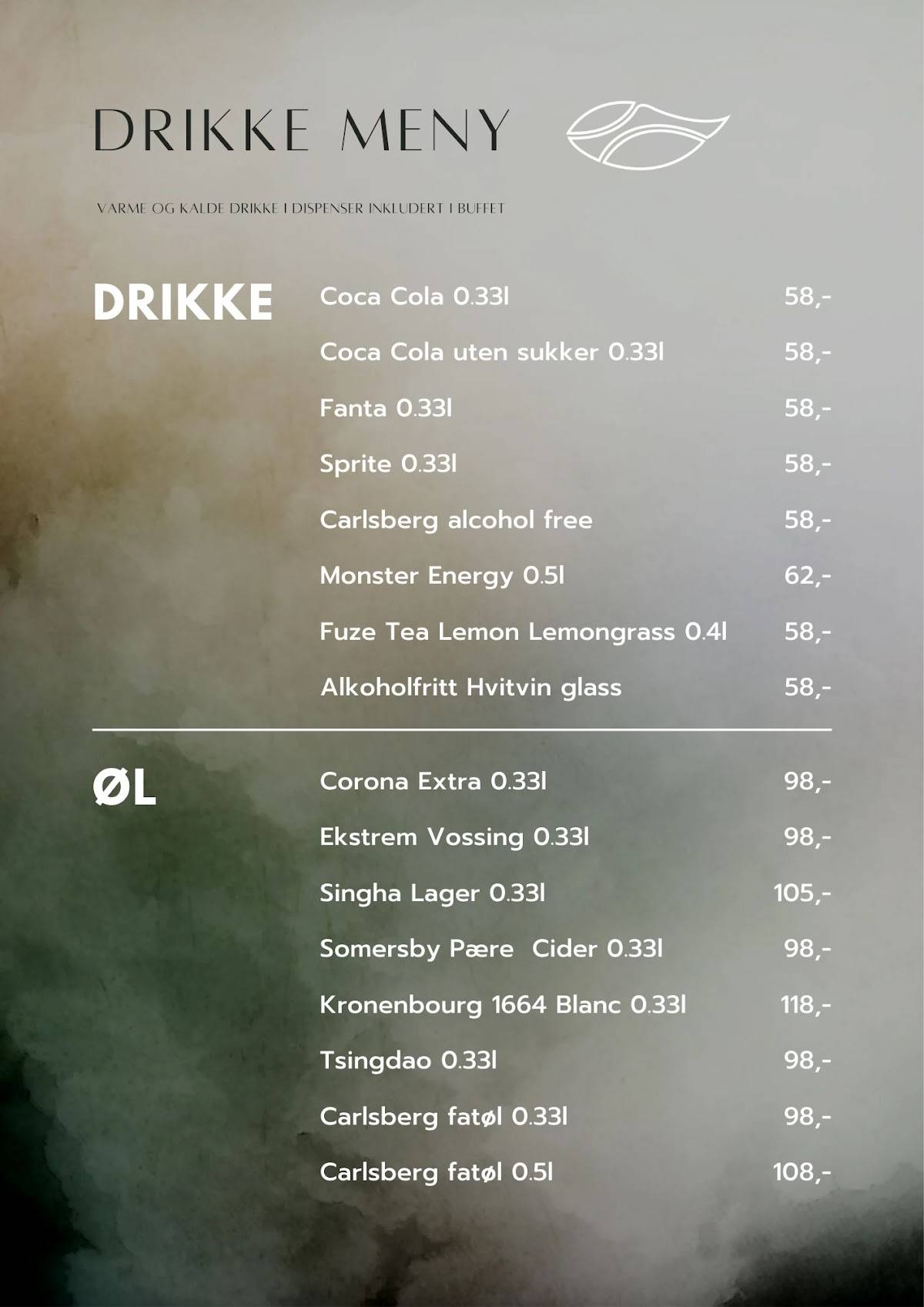 Menu at Yong's Buffet restaurant, Vossevangen