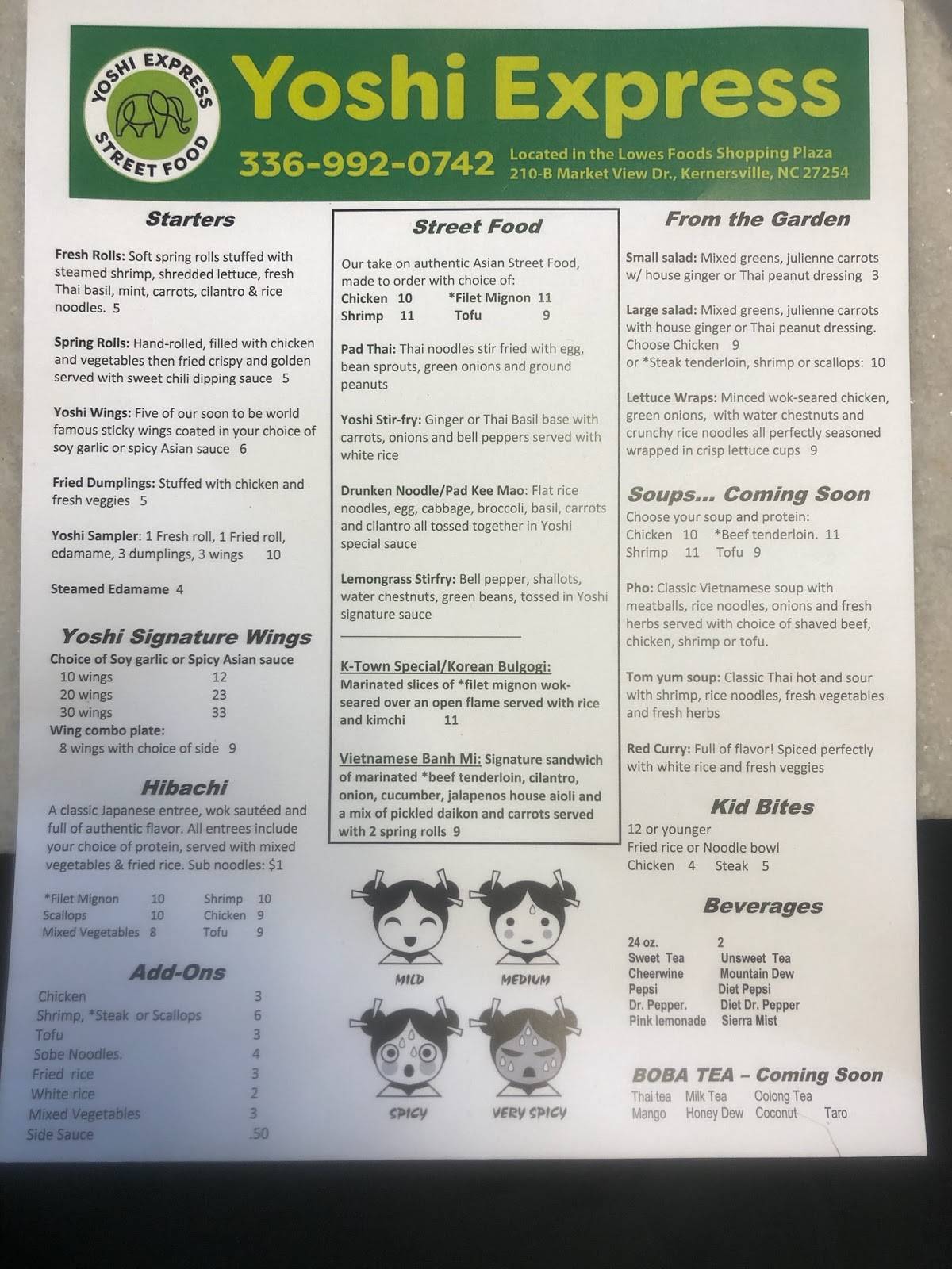 Menu at Yoshi Express restaurant, Kernersville