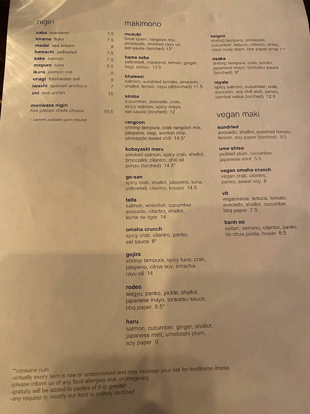Menu at Yoshitomo restaurant, Omaha