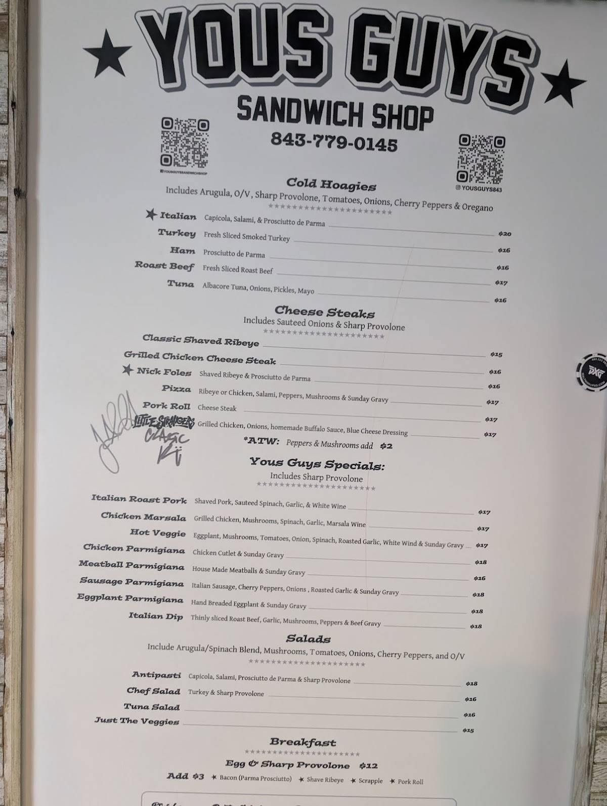 Menu at Yous Guys Sandwich Shop restaurant, Charleston