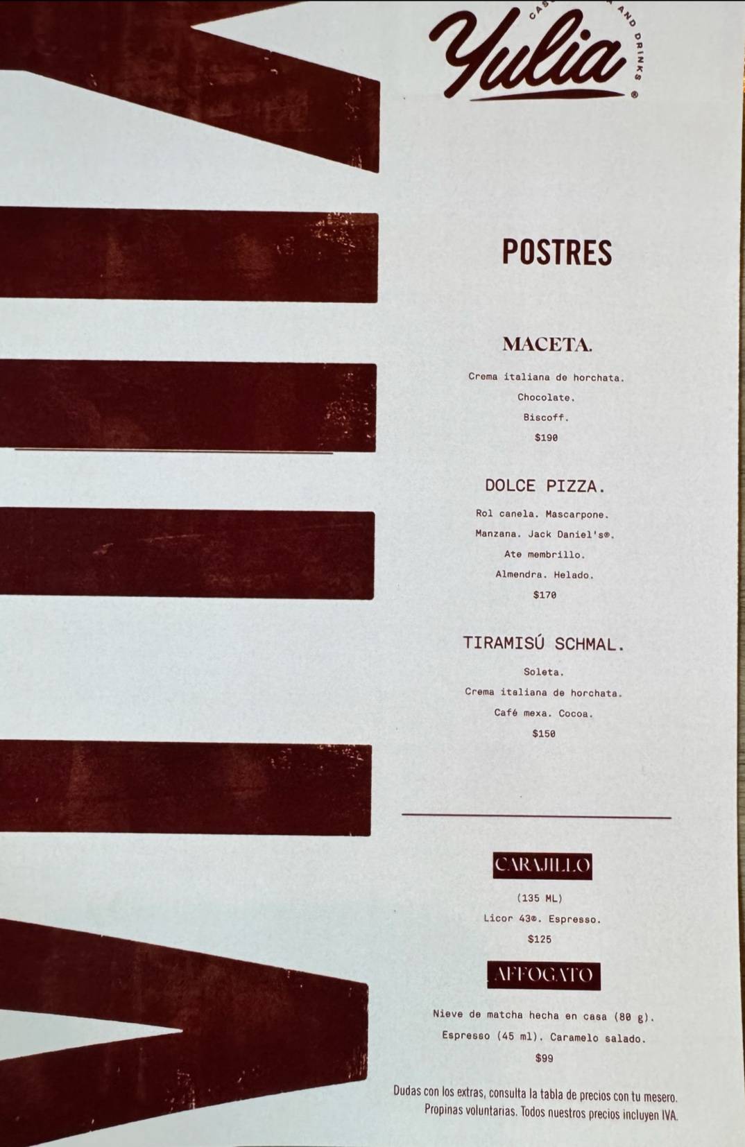 Carta de pizzería Yulia Paseo Tec, Monterrey
