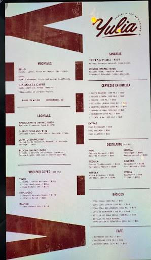 Carta de pizzería Yulia Paseo Tec, Monterrey