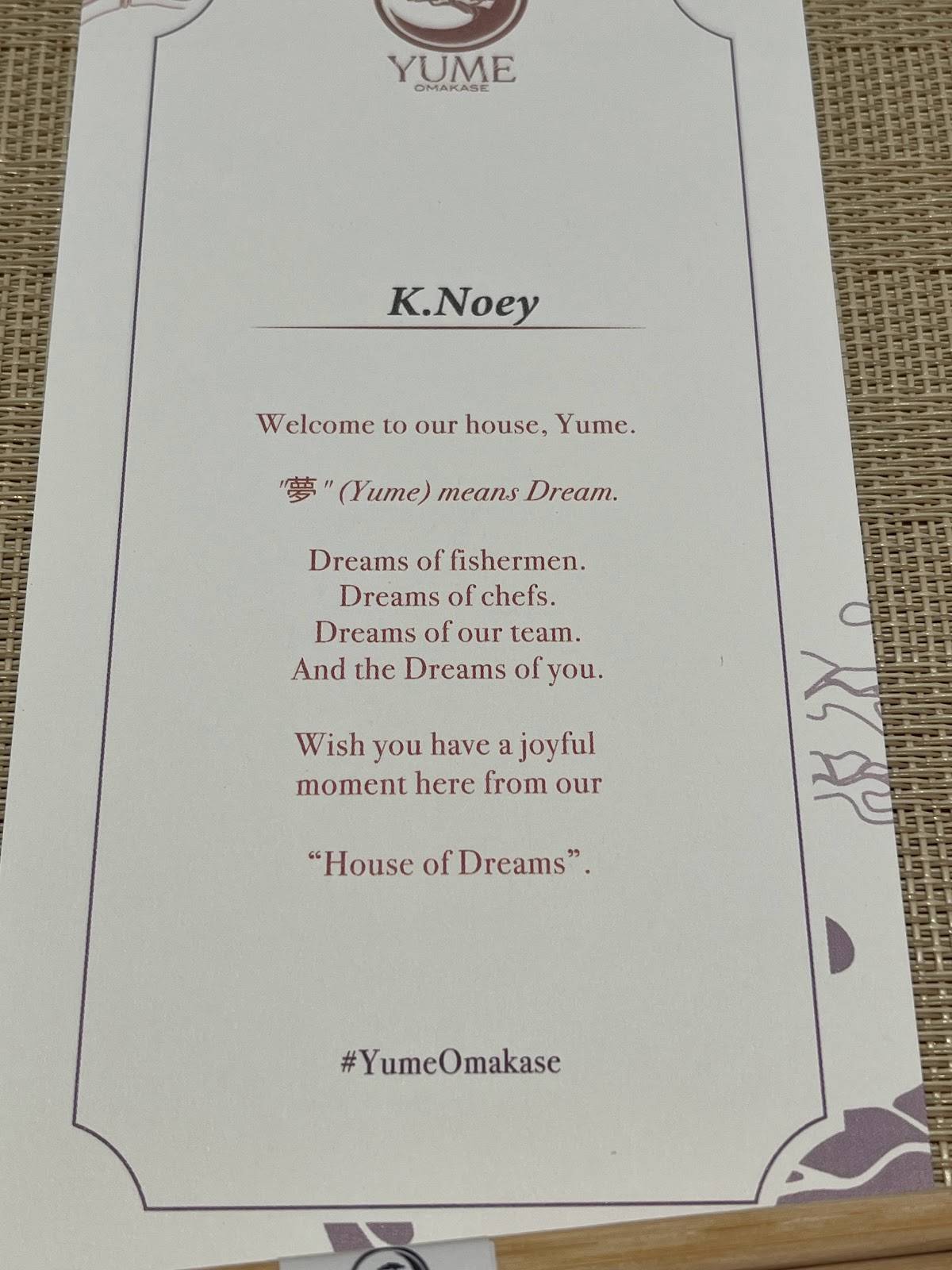 Menu at Yume Omakase Bangkok restaurant, Bangkok