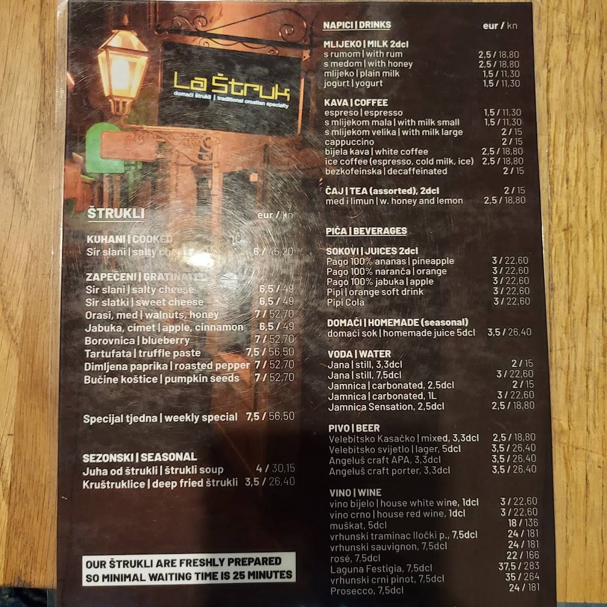 Menu at La Štruk restaurant, Zagreb