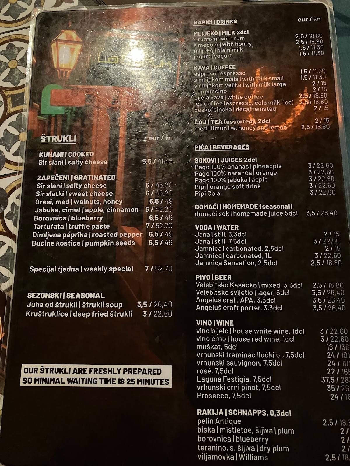 Menu at La Štruk restaurant, Zagreb