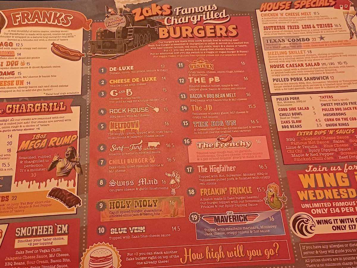 Menu at Zaks Yankee Traveller restaurant, Great Yarmouth