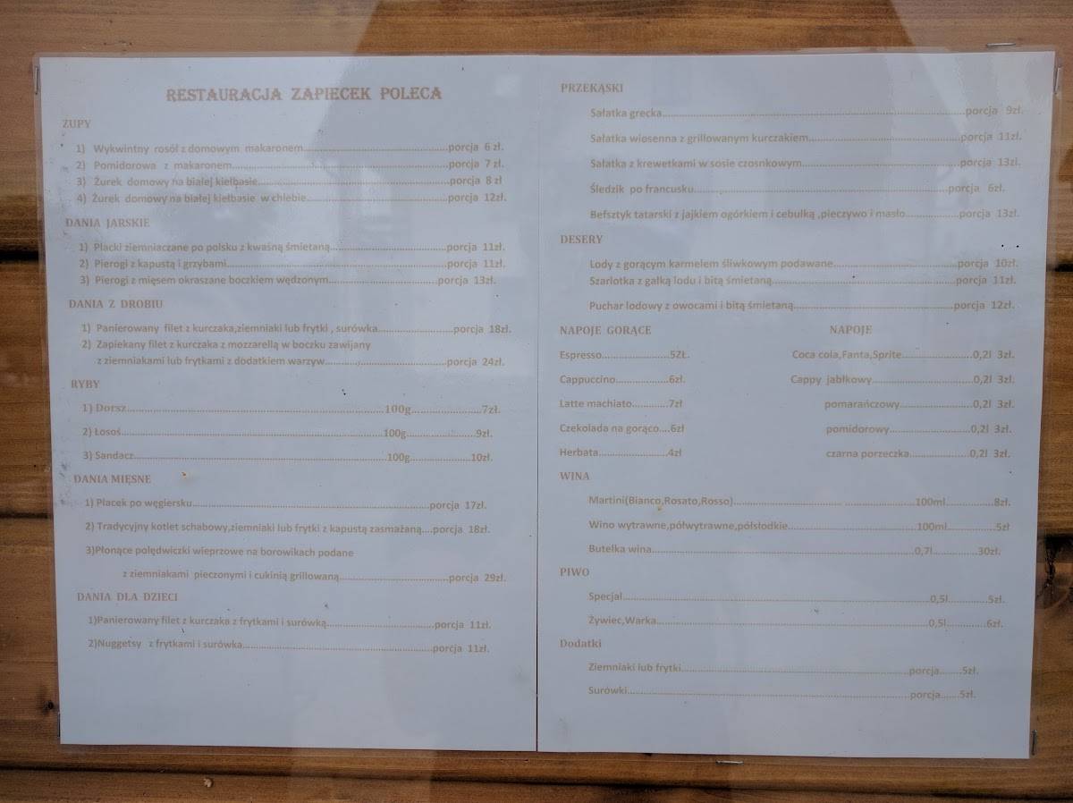 Menu at Zapiecek restaurant, Suchacz, Królowej Marii 1A