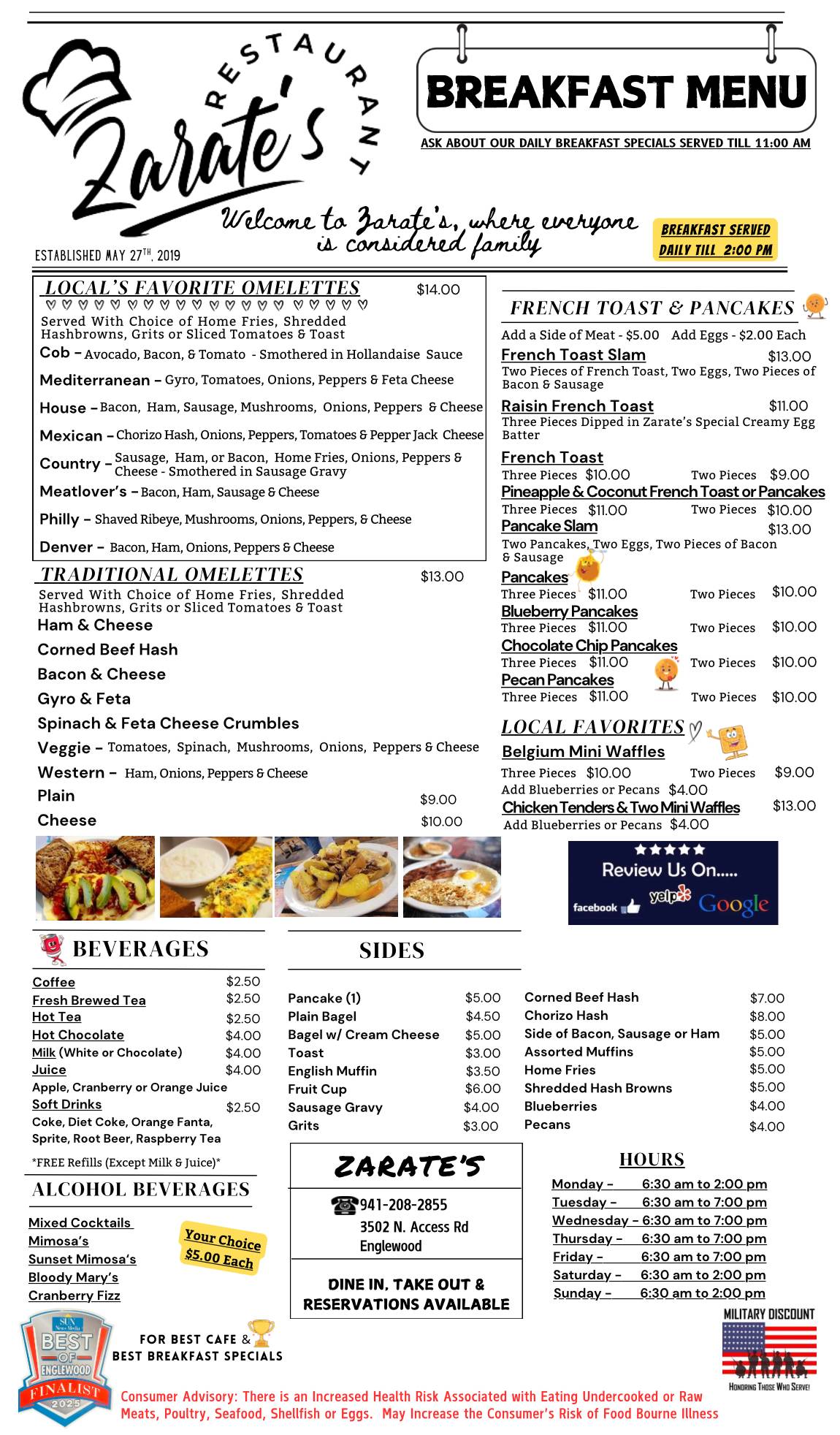 Menu at Zarates Family Restaurant, Englewood