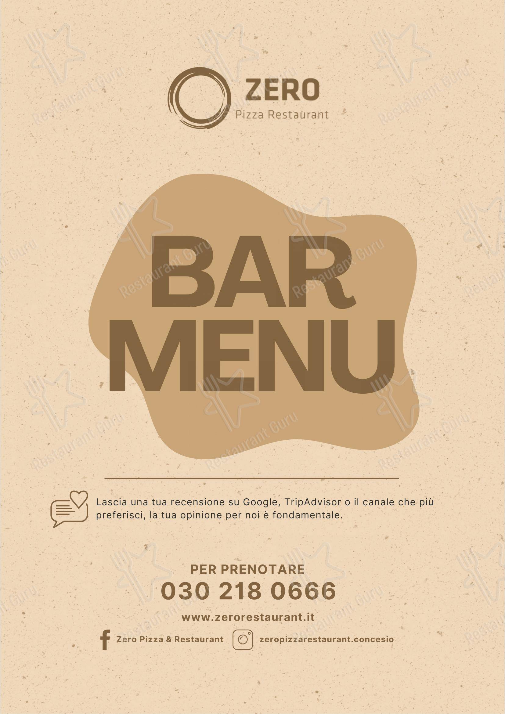 Carta de Zero Restaurant, Roma, Viale Liegi