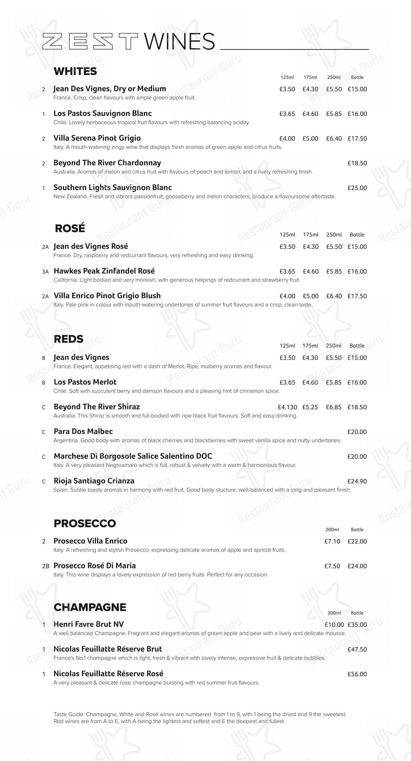 Menu at Zest Bar & Grill, Doncaster