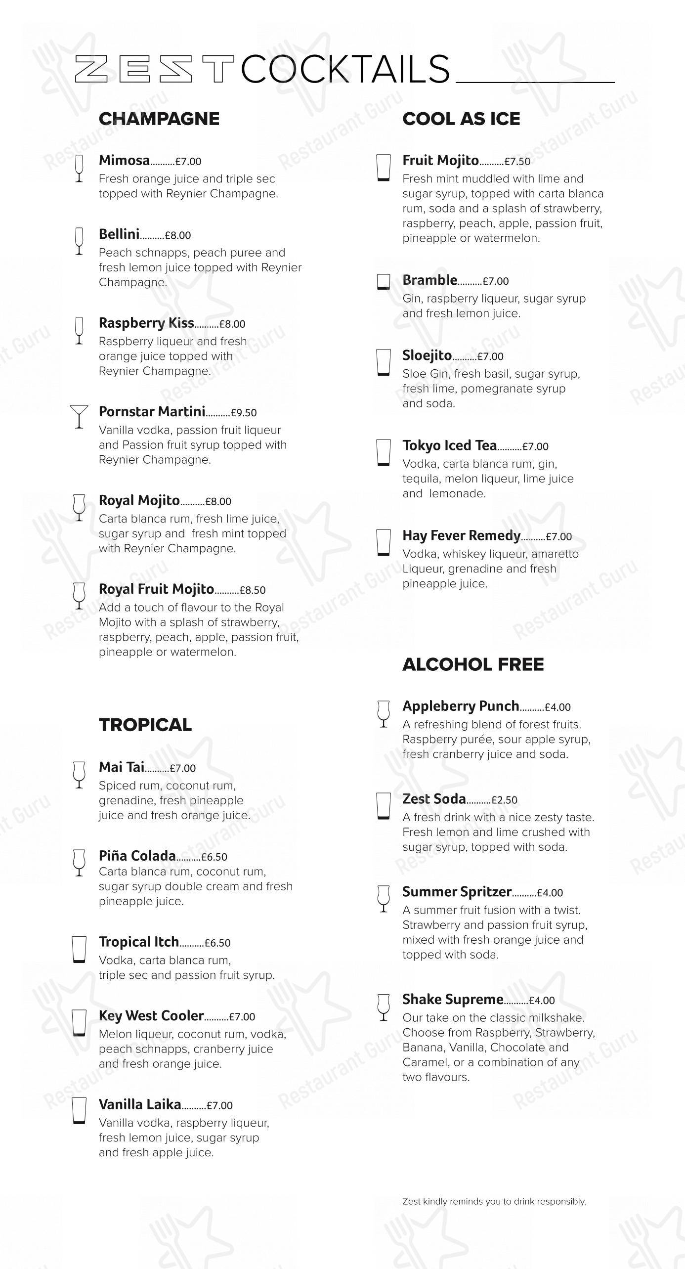 Menu at Zest Bar & Grill, Doncaster
