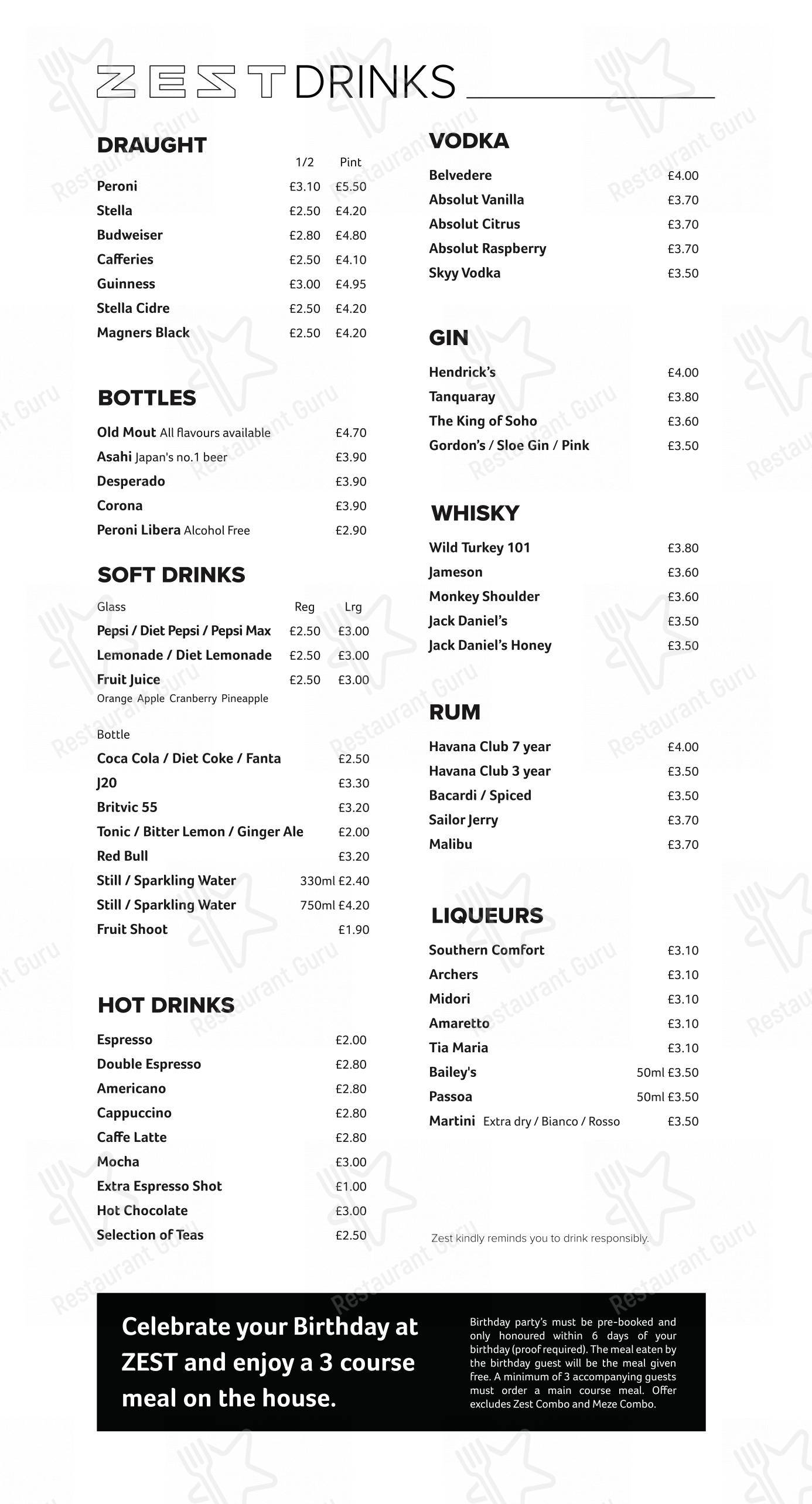 Menu at Zest Bar & Grill, Doncaster