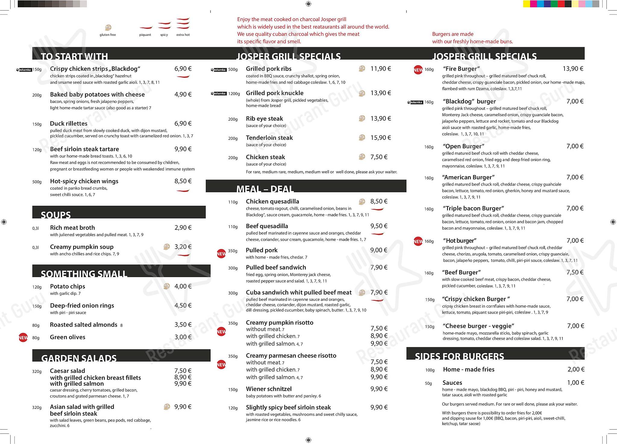 Menu at Blackdog restaurant, Žilina