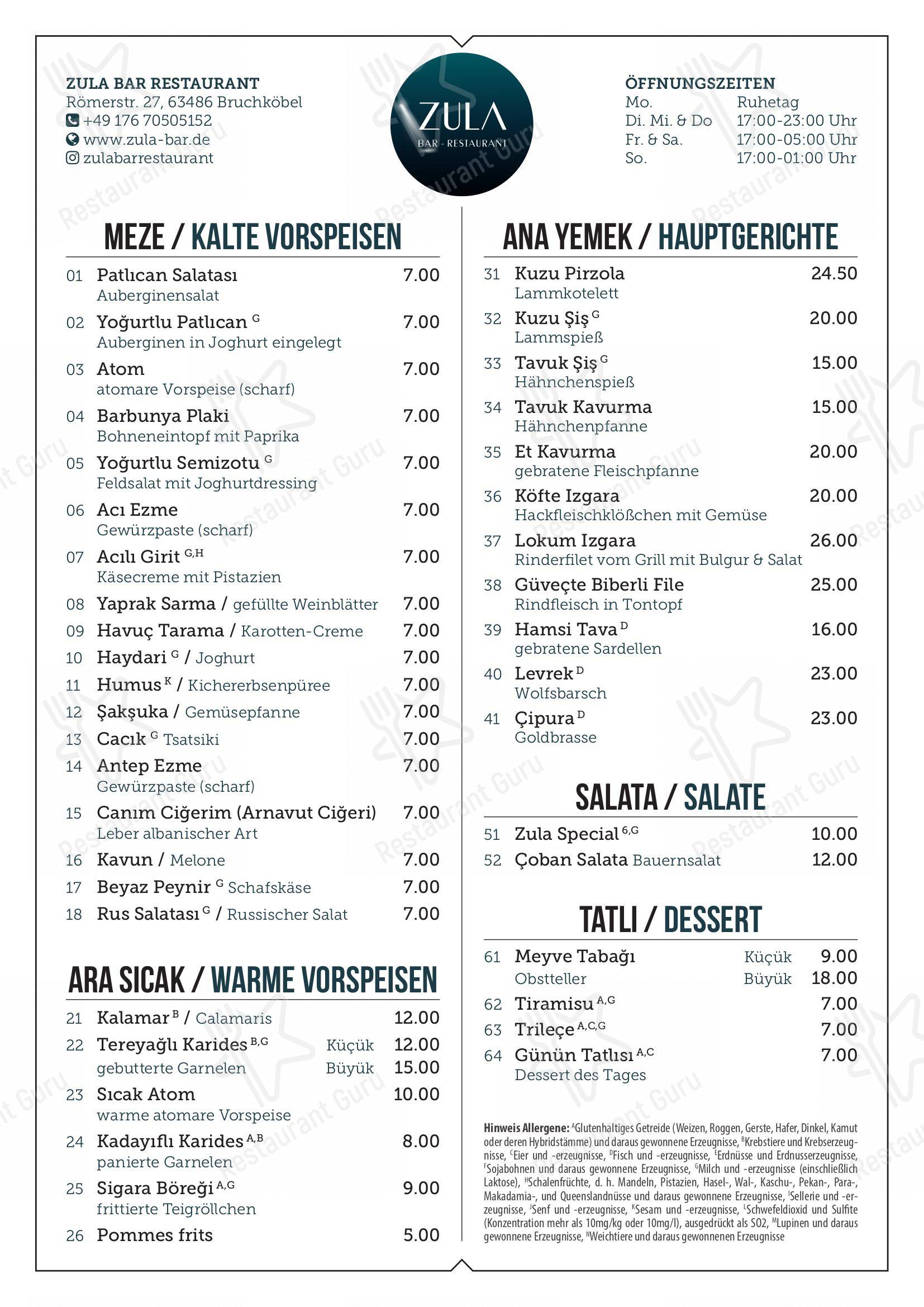 Speisekarte von Zula Restaurant, Inh. Hatice Güngör, Bruchköbel