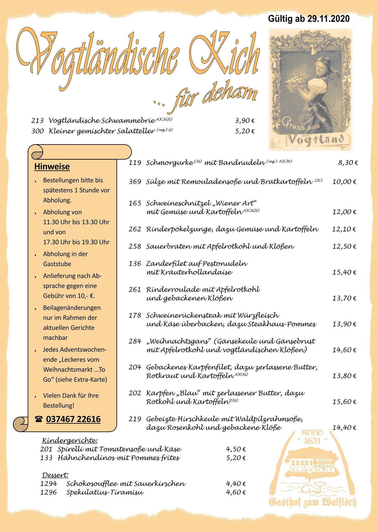 Speisekarte von Zum Walfisch restaurant, Zwota