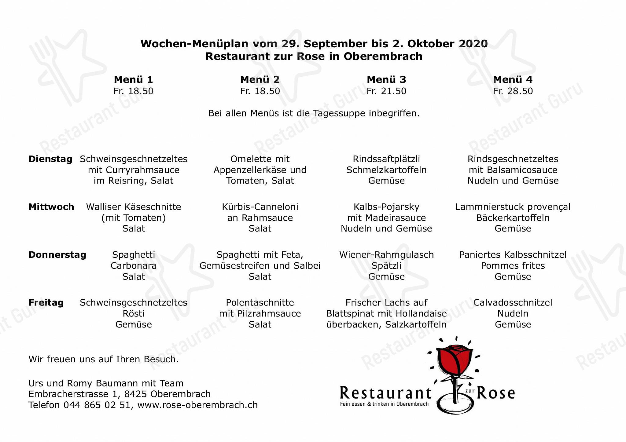 Speisekarte von Restaurant zur Rose, Oberembrach