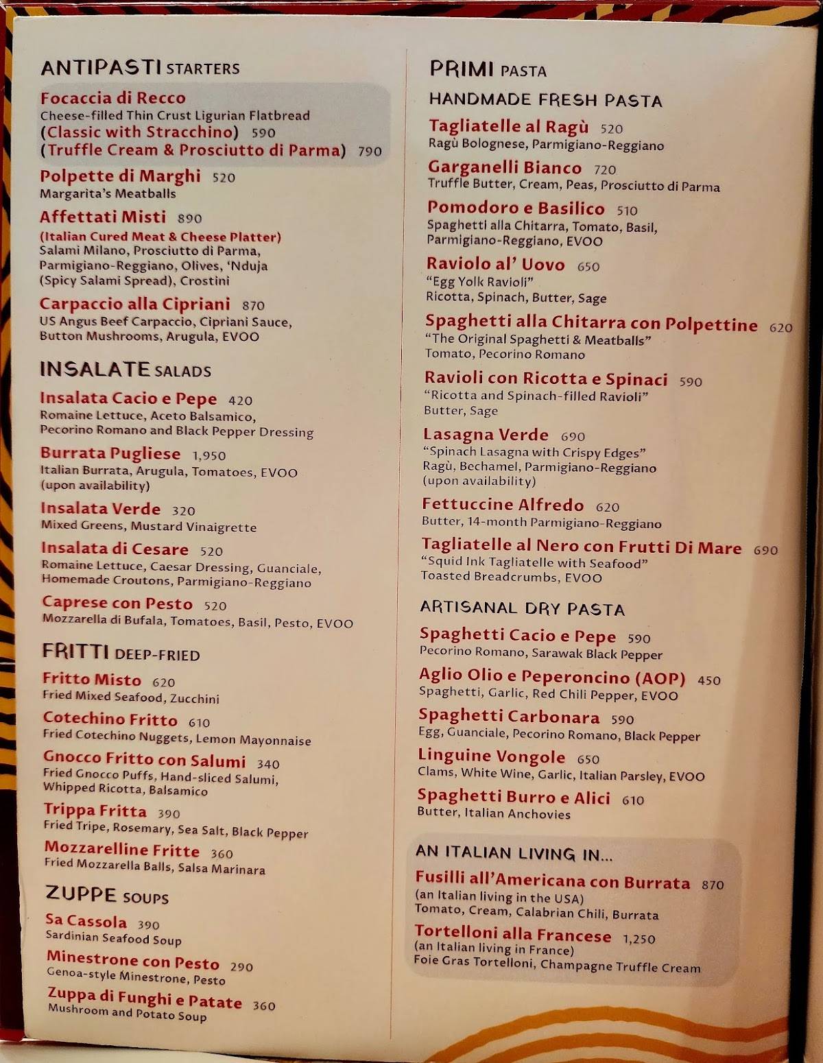 Menu at a mano BGC restaurant, Taguig