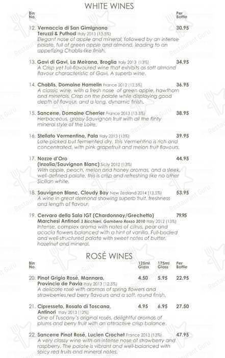 Menu at Cielo restaurant, Birmingham