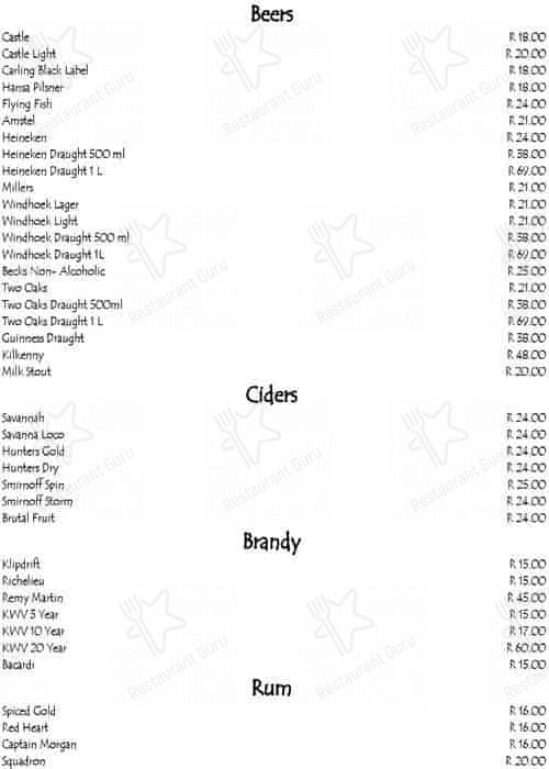 Menu at Cradle Moon Lakeside Game Lodge restaurant, Roodepoort