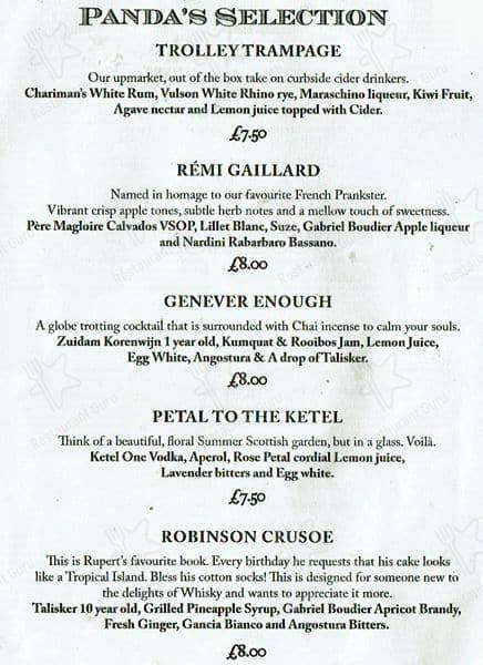 Menu at Panda & Sons pub & bar, Edinburgh