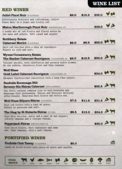 Menu at Tankerville Hotel restaurant, Fitzroy