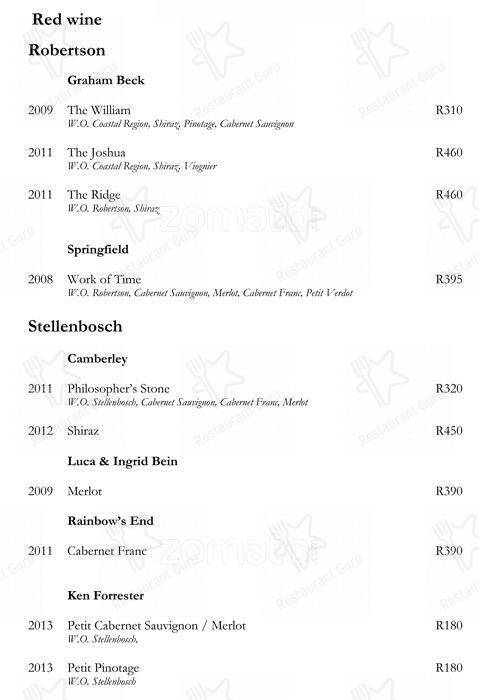 Menu at The Roundhouse and The Rumbullion restaurant, Cape Town