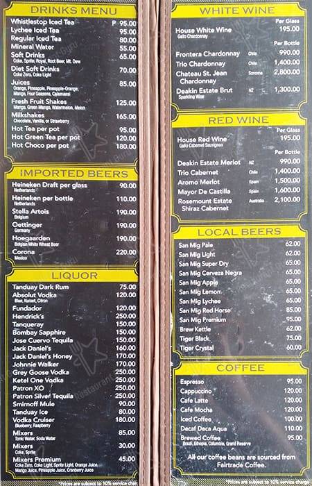 Menu at Whistlestop Valero restaurant, Makati, The Valero Tower