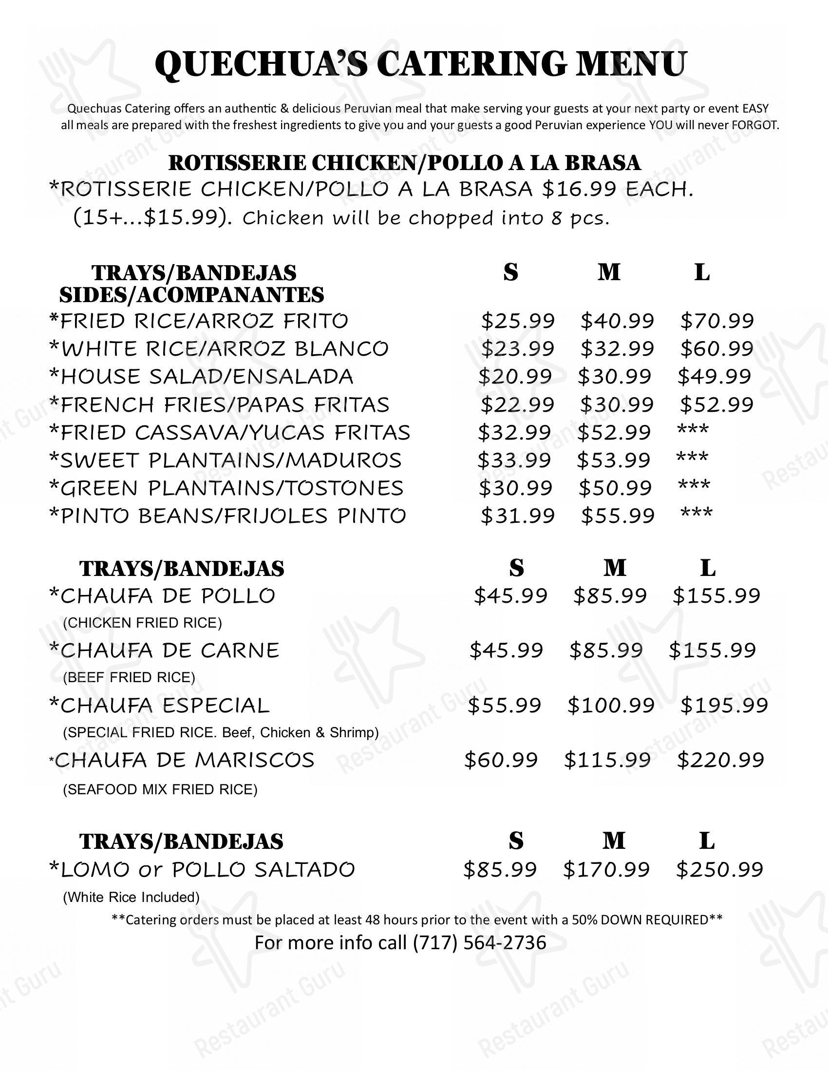 Menu at Quechua's Chicken restaurant, Camp Hill