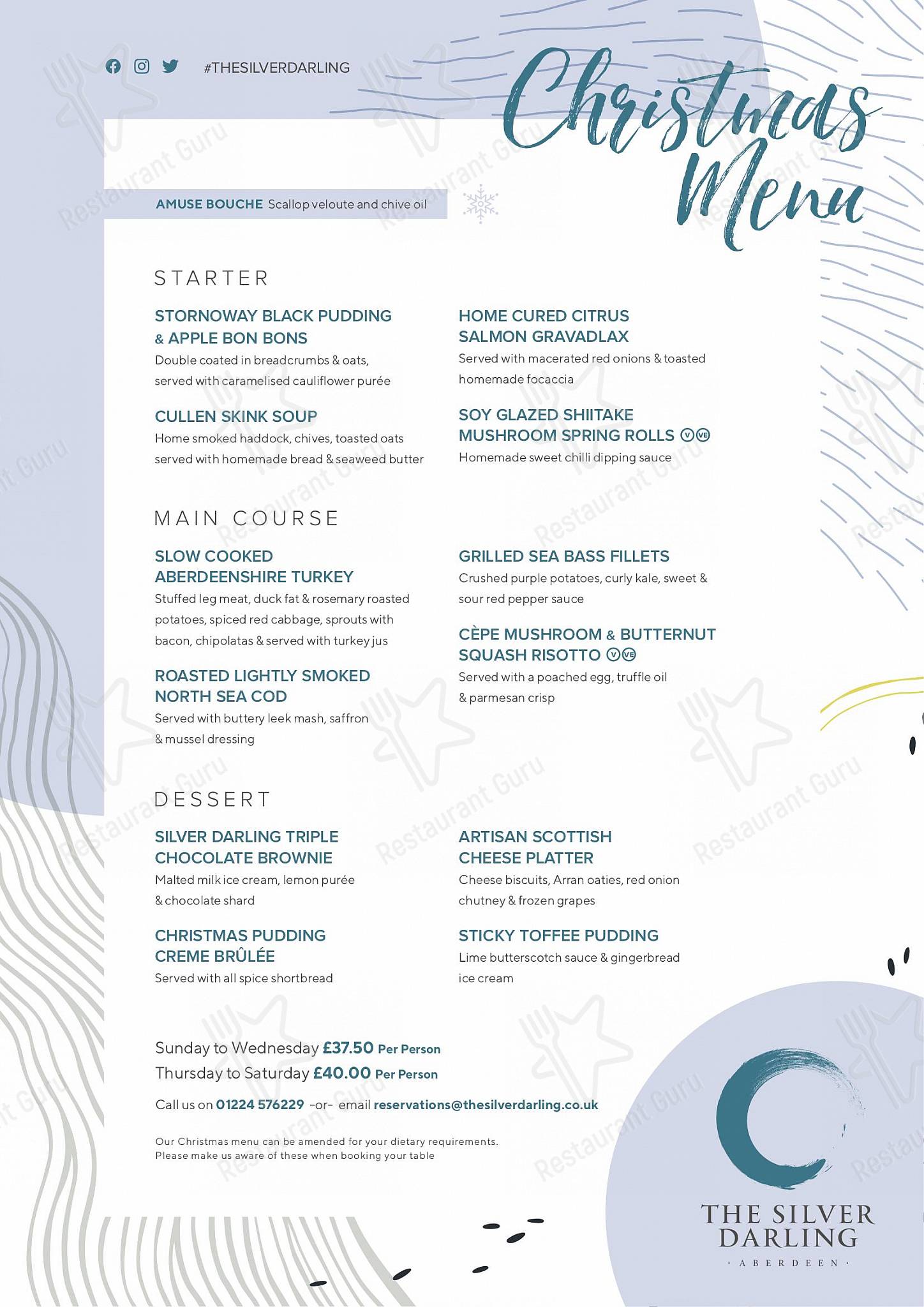 Menu at The Silver Darling restaurant, Aberdeen