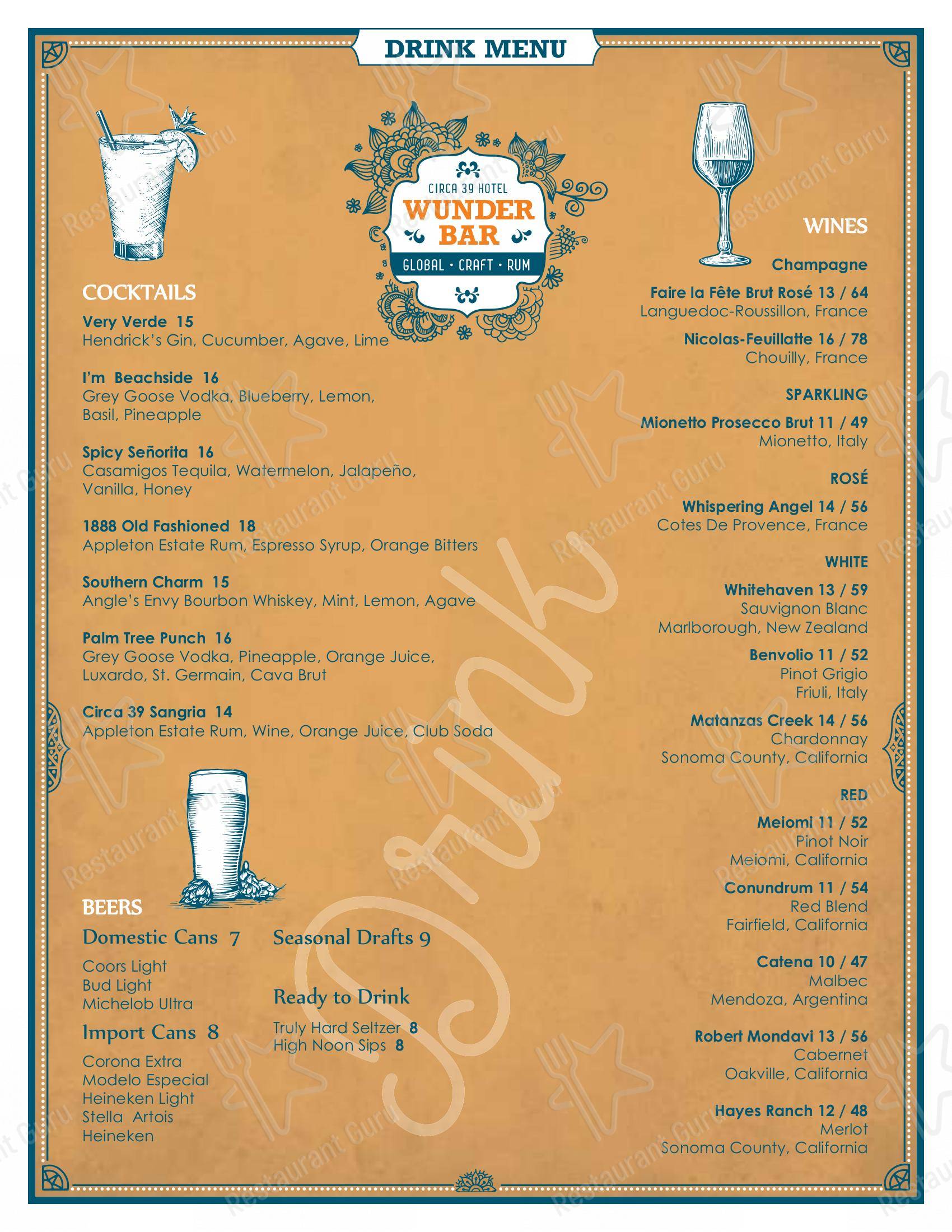 Menu at WunderBar, Miami Beach