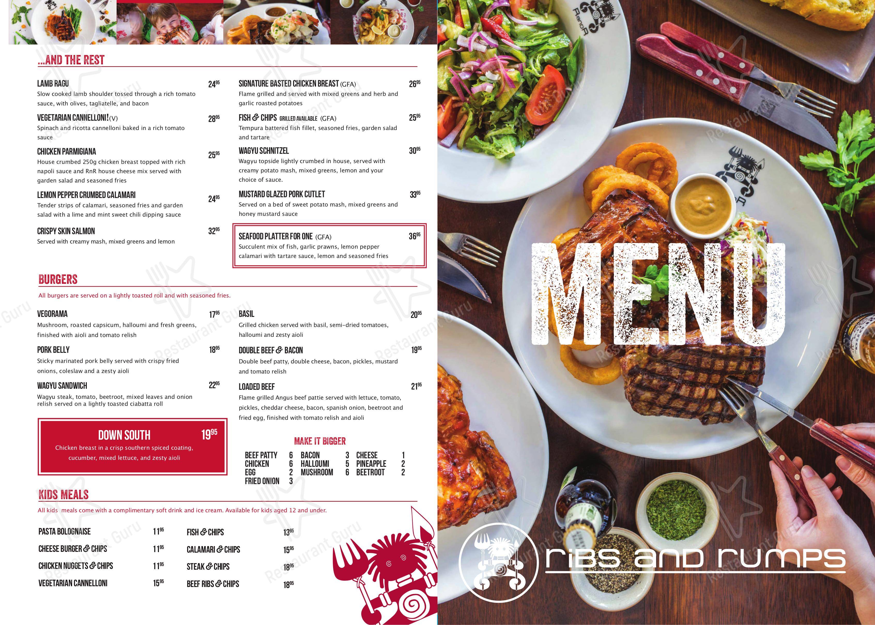 Menu at Ribs and Rumps restaurant, Rockhampton City