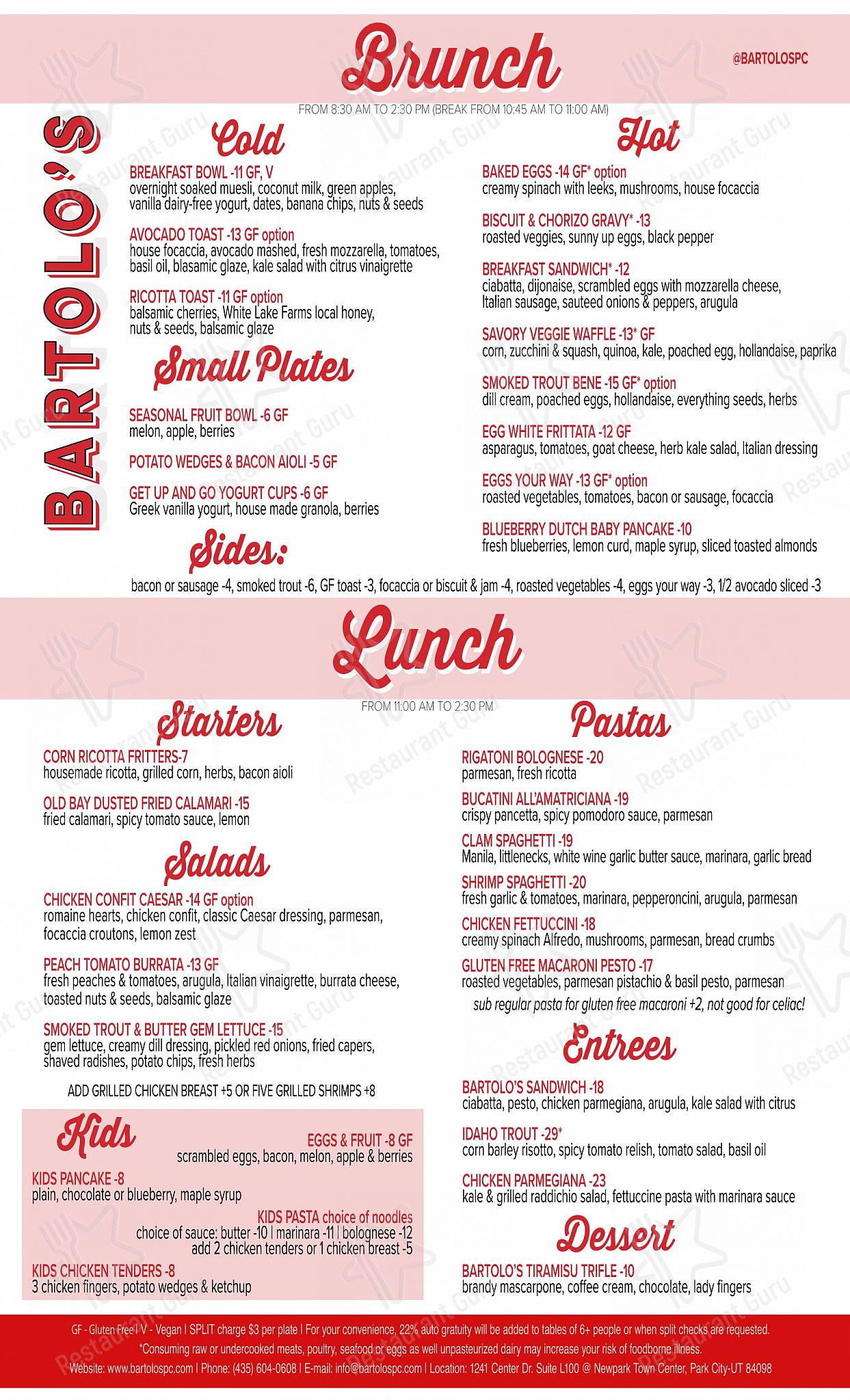 Menu at Bartolo's Park City, Park City