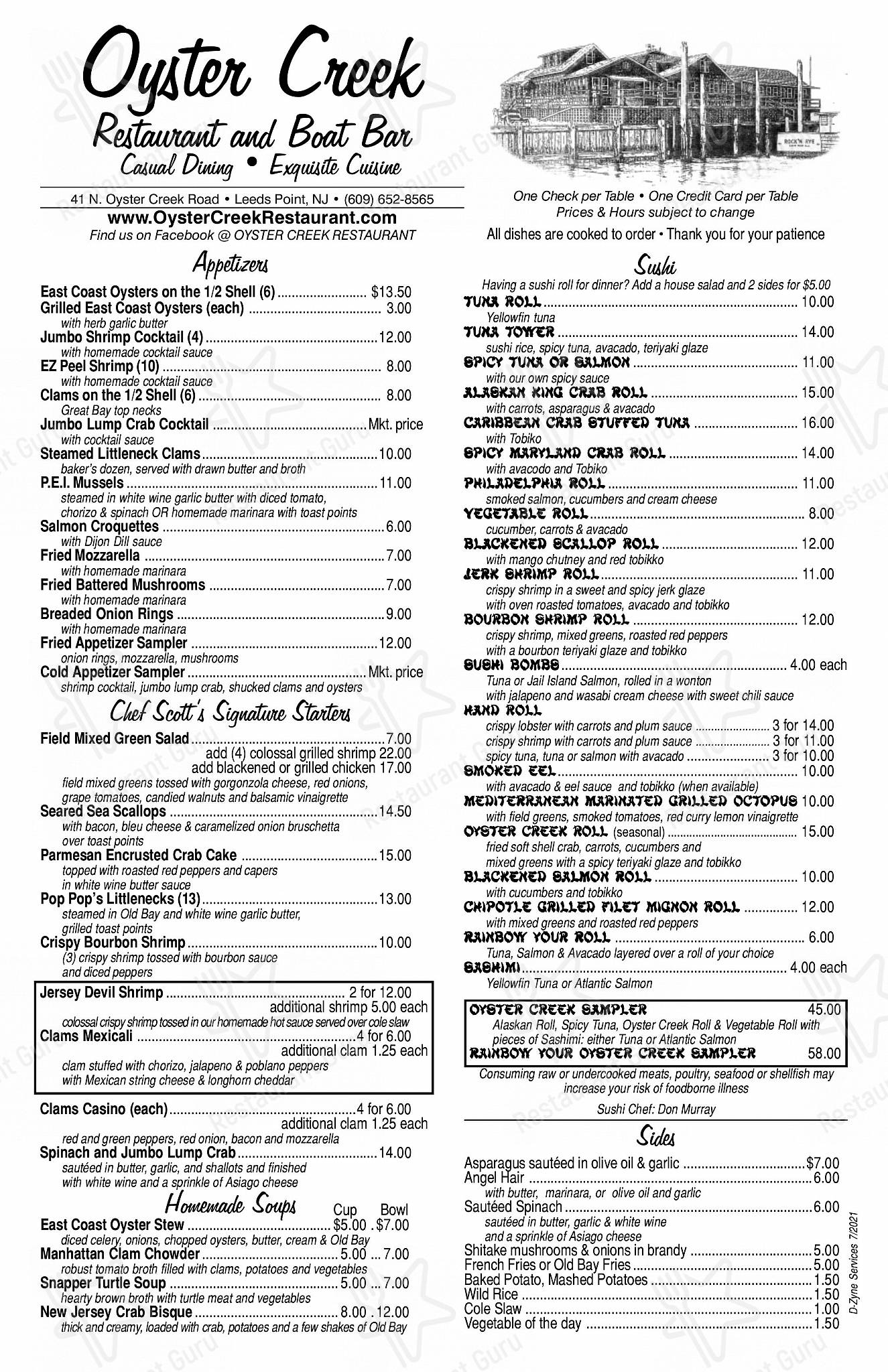 Menu at Oyster Creek Restaurant And Boat Bar, Galloway