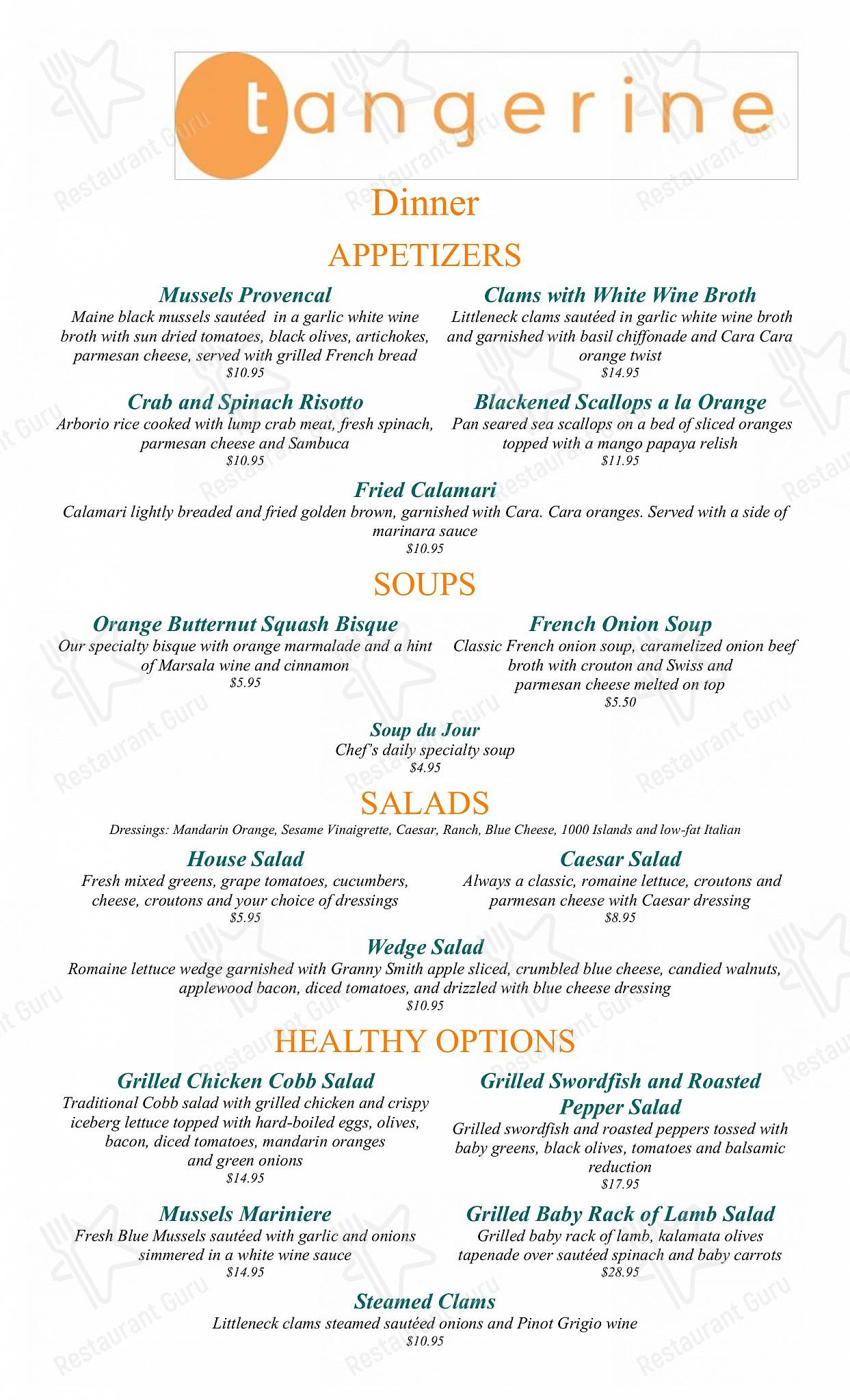 Menu at Tangerine at the Bayfront Hilton restaurant, Saint Petersburg