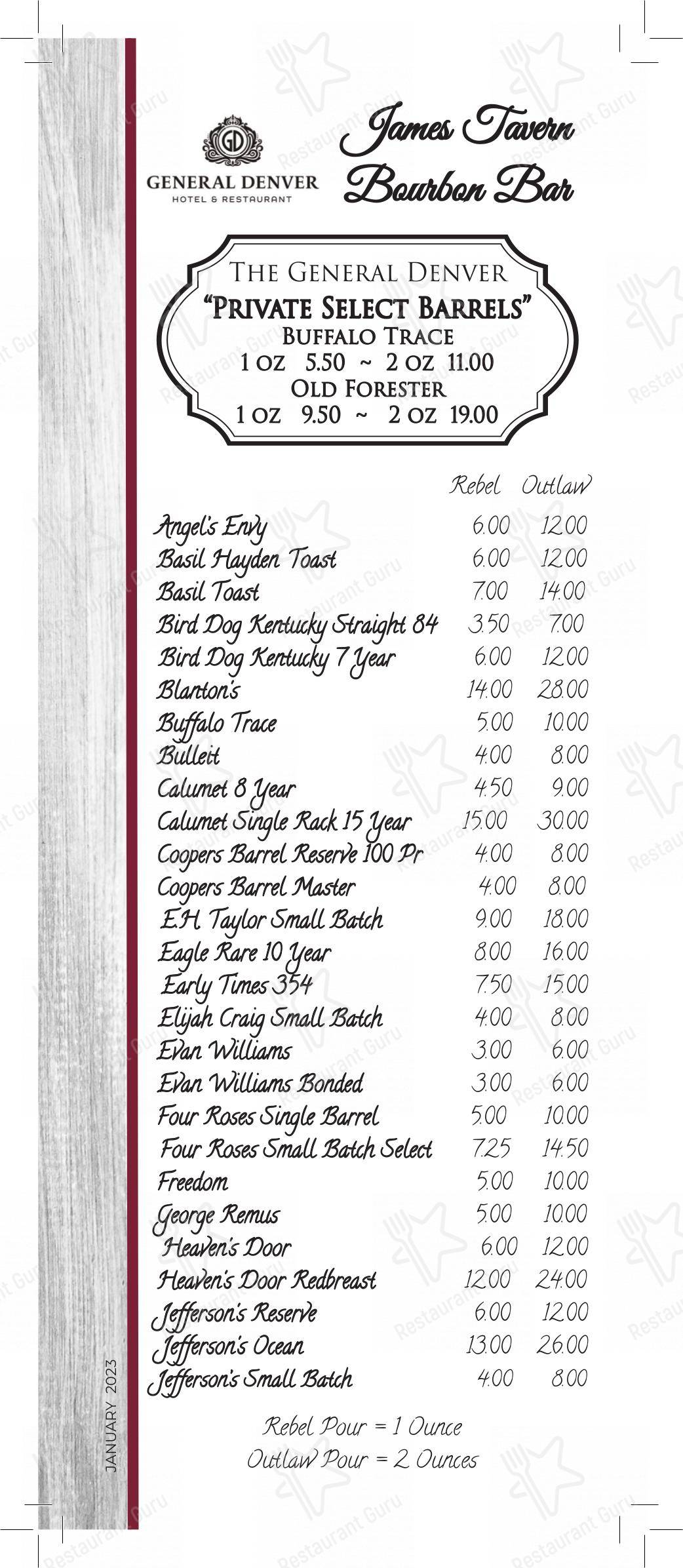 Menu at General Denver Hotel restaurant, Wilmington