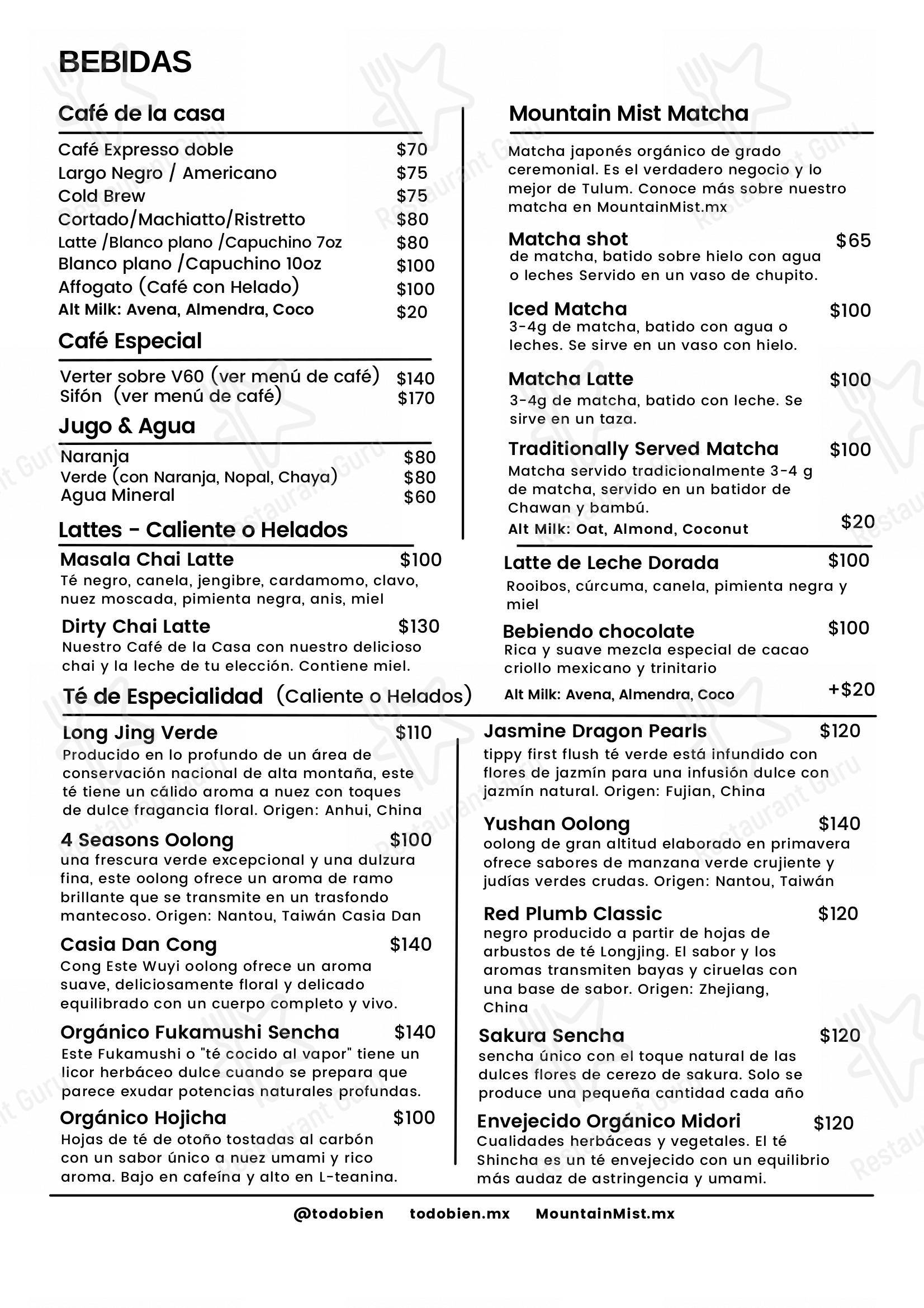 Menu at Todo Bien Tulum cafeteria, Tulum