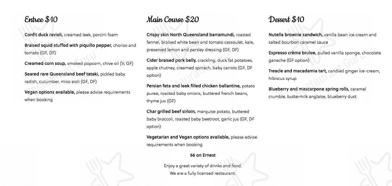 Menu at 66 on Ernest restaurant, South Brisbane