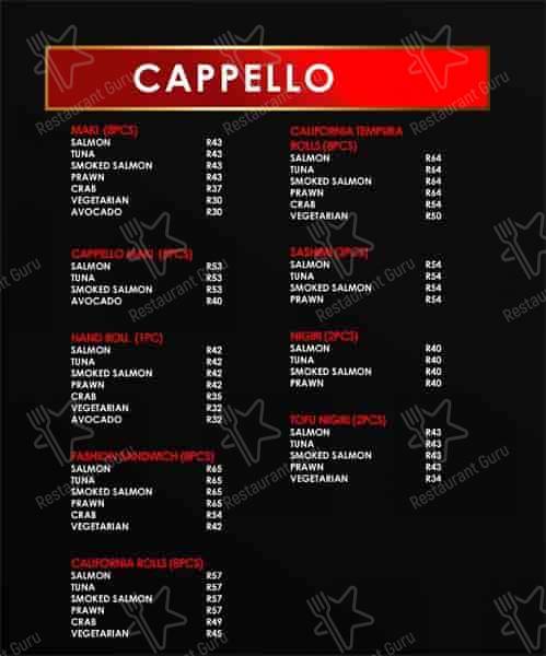 Menu at CAPPELLO NEWTOWN restaurant, Johannesburg, Newtown Junction