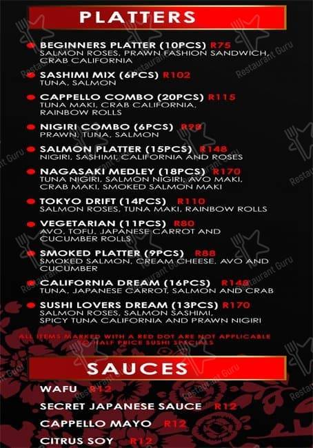 Menu at CAPPELLO NEWTOWN restaurant, Johannesburg, Newtown Junction