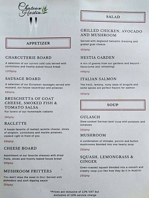 Menu at Chateau Hestia restaurant, Silang, Purok 5