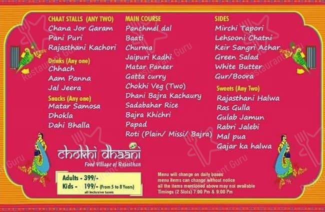 Menu at Chokhi Dhaani, Ghaziabad