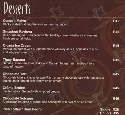 Menu at Cicada restaurant, Nelspruit