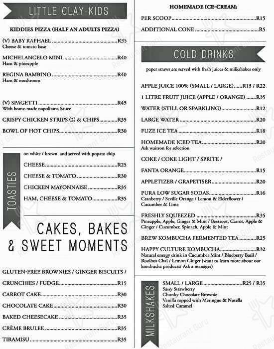 Menu at Clay Café Hout Bay restaurant, Cape Town
