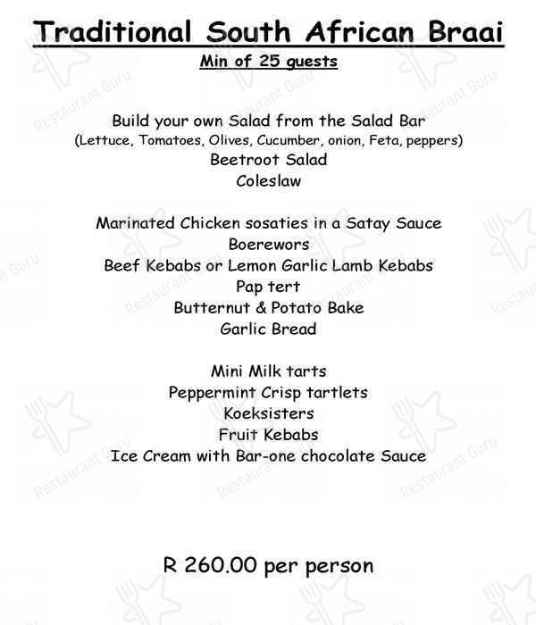 Menu at Cradle Moon Lakeside Game Lodge restaurant, Roodepoort