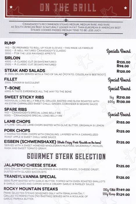 Menu at Crawdaddy's Brooklyn pub & bar, Pretoria, 02