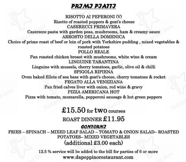 Menu at Da Peppino restaurant, London