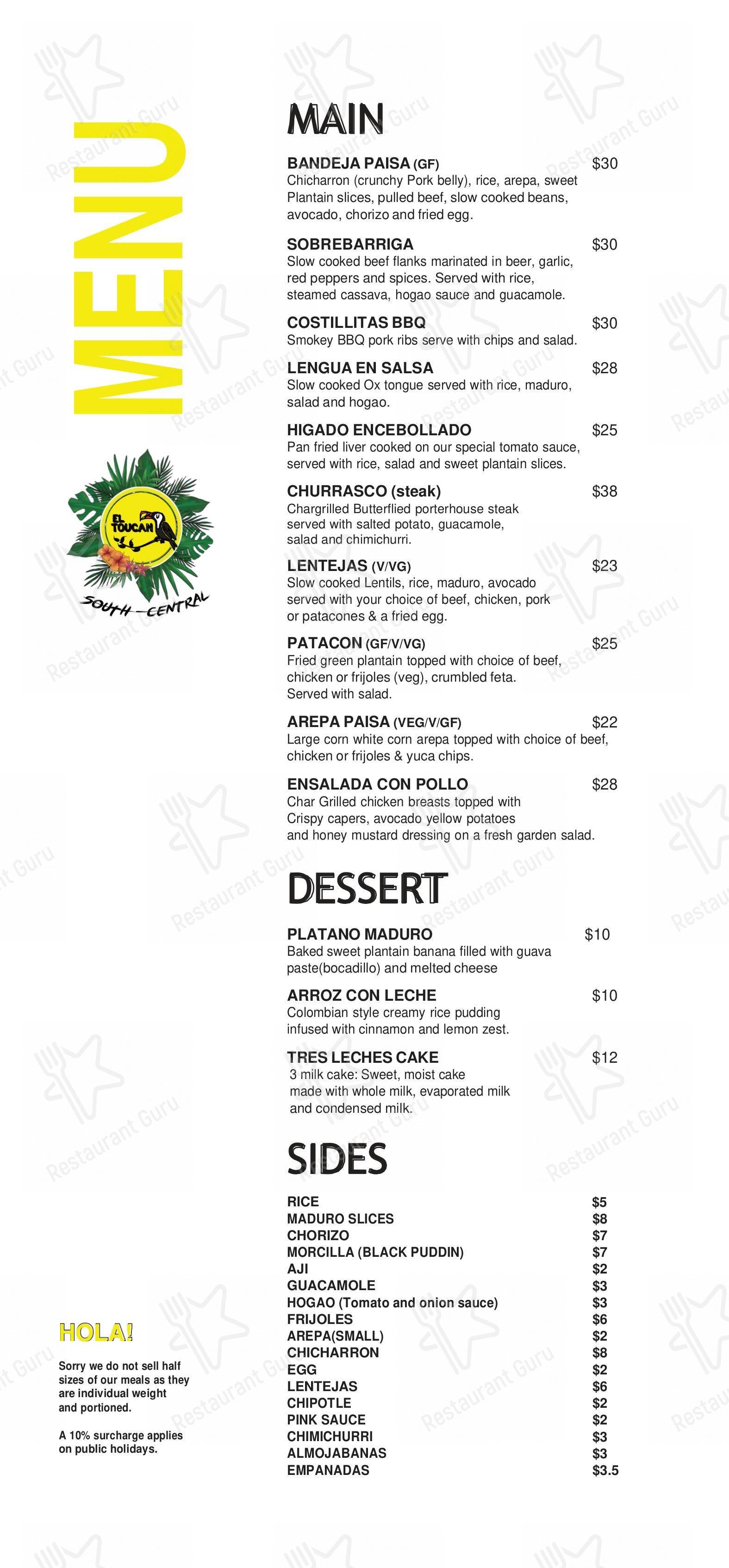 Carta del restaurante El Toucan South Central, Abbotsford