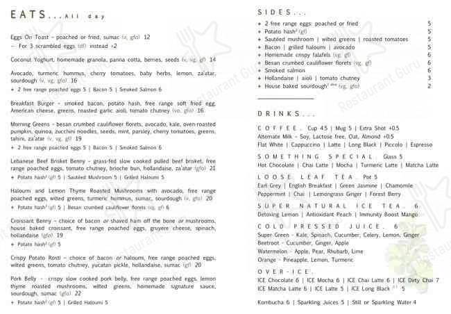 Menu at Fiddle Leaf cafe, Bulimba
