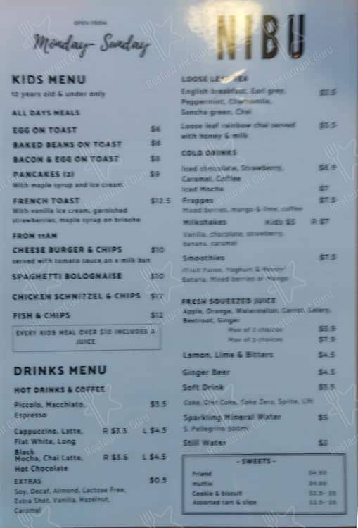 Menu at NiBu Cafe, Lane Cove