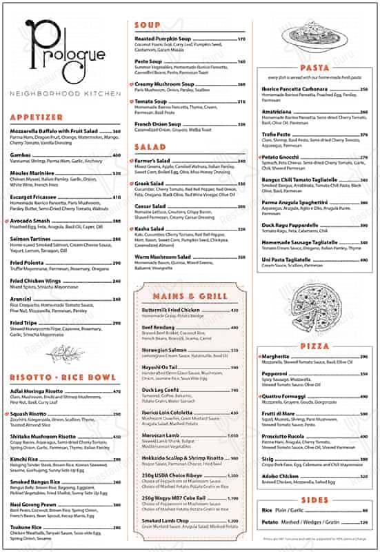 Menu at Prologue QC restaurant, Quezon City
